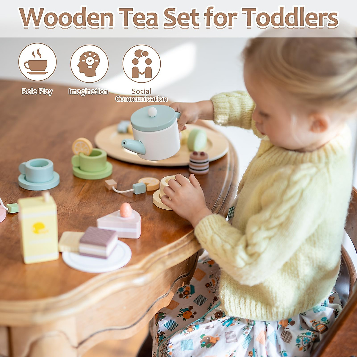 Smartwo Wooden Tea Party Set for Little Girls, 34 PCS Wooden Tea Set for Toddlers 3-5, Pretend Play Kids Wood Tea Set Toy, Play Kitchen Accessories with Play Food, Improve Imagination