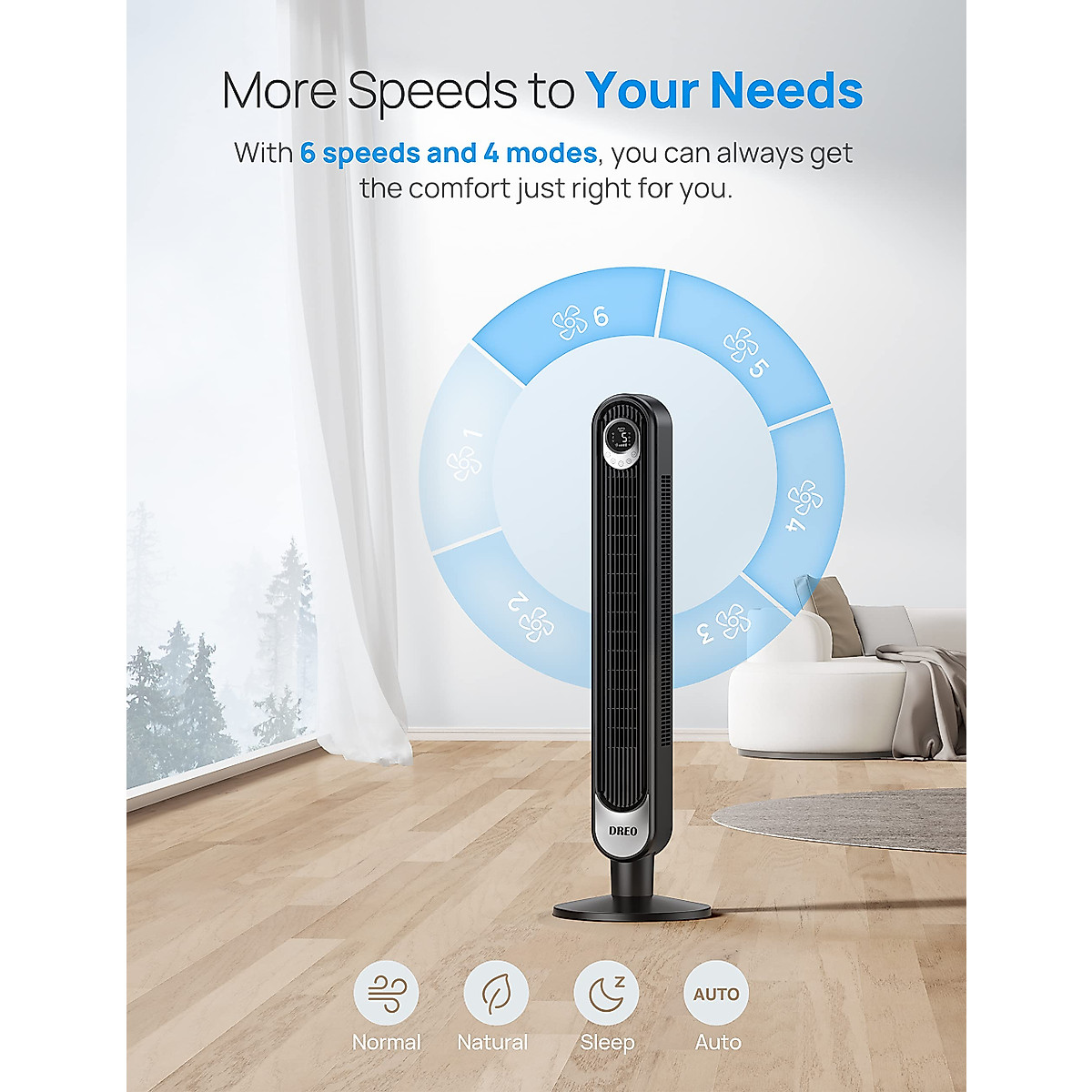 Dreo Smart Tower Fan WiFi Voice Control, Works with Alexa/Google, Cruiser Pro T1S Floor Standing Bladeless Oscillating Fan with Remote, 6 Speeds, 4 Modes, 12H Timer, for Indoor Bedroom Home Office