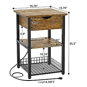 Cyclysio Nightstand Set of 2 with Charging Station, End Table Side Table with USB Ports and Outlets, Flip Top Night Stands with Shelves, Slim Bedside Sofa Table for Living Room, Bedroom, Rustic Brown