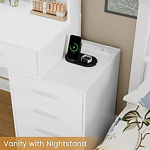 Quimoo 48" Large Vanity Desk with Mirror & Lights, Makeup Vanity Table with 6 Drawers & Power Outlet, 4 Open Storage Shelves, Vanity Desk Set with Stool, for Women Girls, White