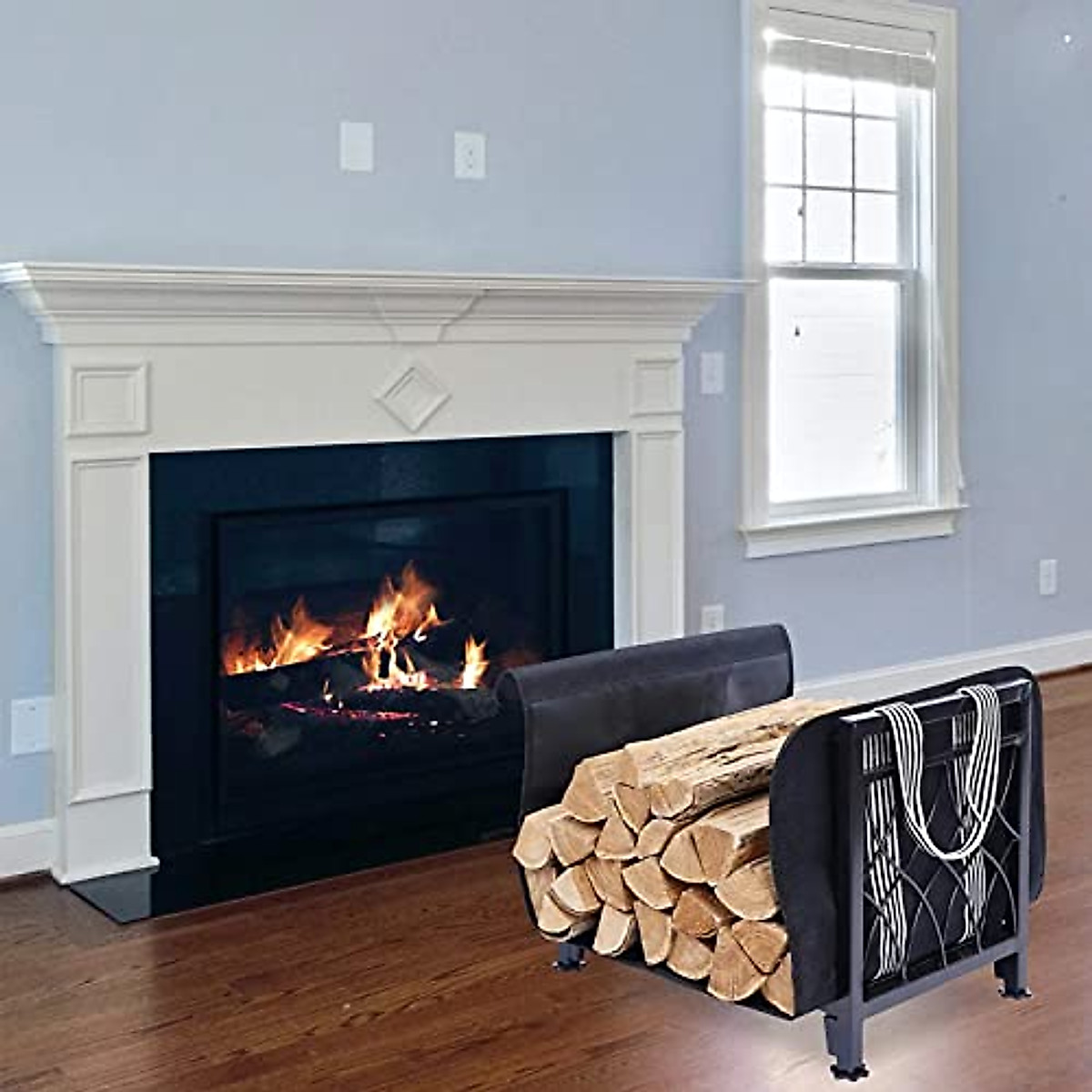 MYFIREPLACEDIRECT Firewood Rack with Log Bag Fireplace Log Holder Indoor Outdoor Wood Storage Log Rack Decorative Heavy Duty Steel Firewood Carrier Stove Bracket Stacking Rack