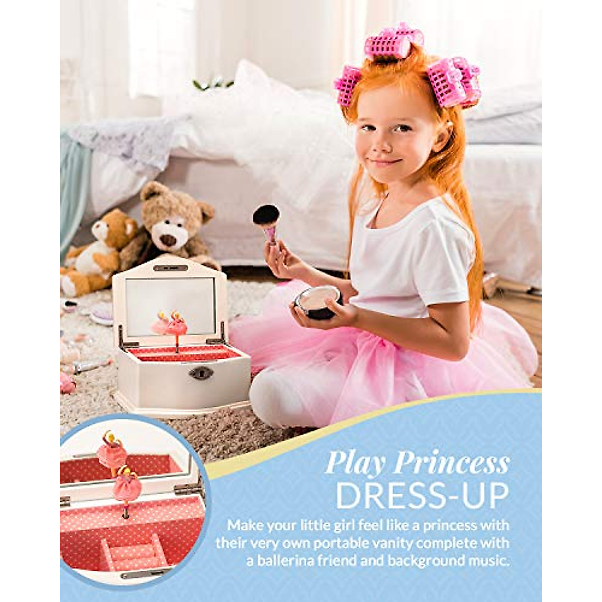 Elle Jewelry Box - Ballerina Jewelry Organizer and Swan Lake Wind-Up Music Box for Girls and Teens, Accessories and Keepsake Wooden Storage with Lock and Mirror, Charming Room Decor and Gift, Small