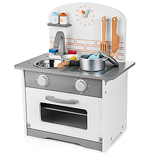 HELLOWOOD Wooden Toy Kitchen Set for Kids, Toy Kitchen Playset with Removable Sink Faucet & Play Food, Pretend Play Kitchen Toys for Toddlers Age 3+