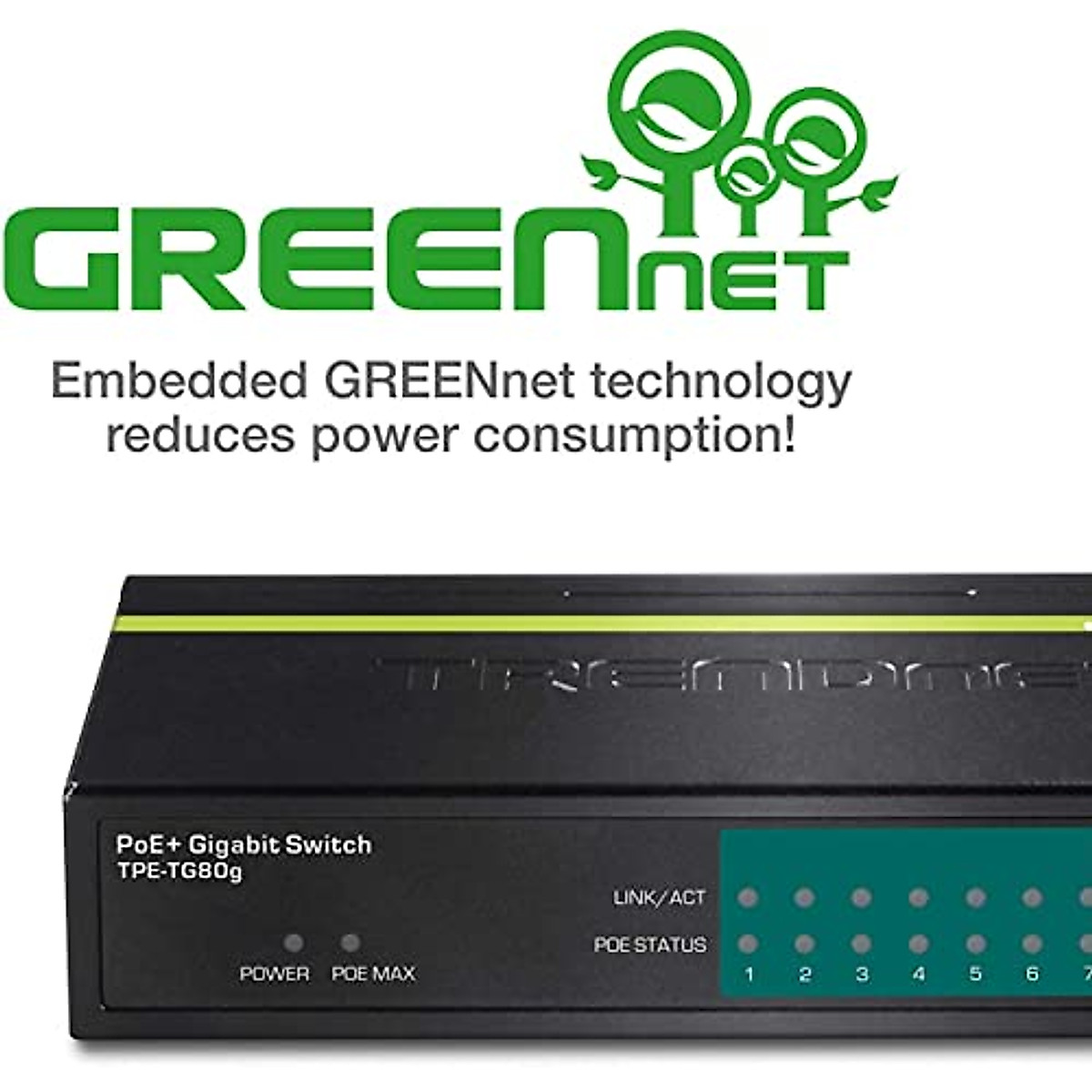 TRENDnet 8-Port Gigabit PoE+ Switch, 8 x Gigabit PoE+ Ports, 123W PoE Power Budget, 16 Gbps Switching Capacity, Desktop Switch, Ethernet Network Switch, Metal, Lifetime Protection, Black, TPE-TG80G