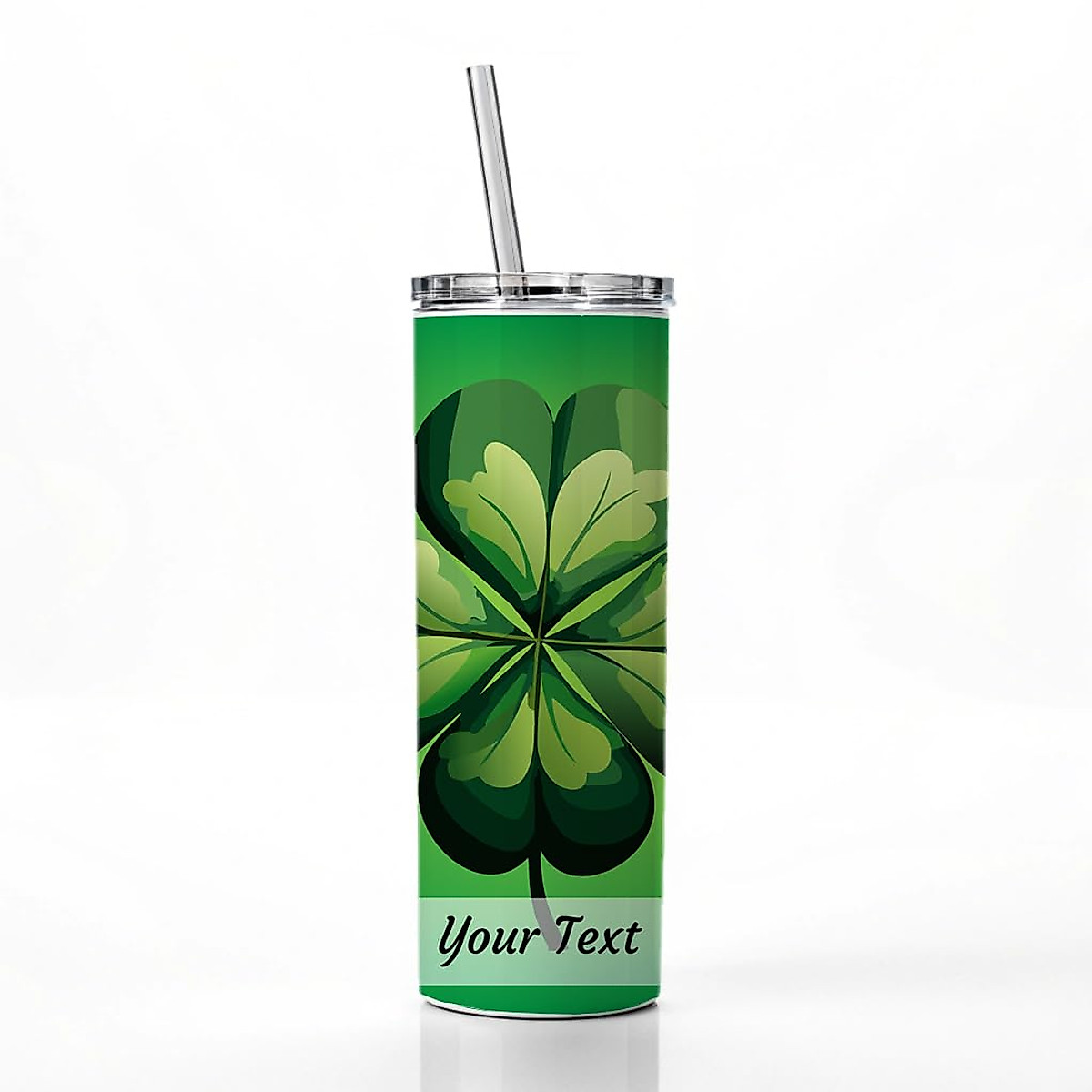 Personalized Custom Name Text Four Leaf Clover 4 Lucky St Patrick's Day Skinny Tumbler 20oz with Straw Insulated Water Bottle Gift - 1 Line Horizontal