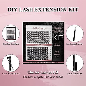 MilyBest DIY Eyelash Extension Kit with 144 Pcs Lash Clusters Bond and Seal Eyelash Glue Remover Eyelash Tweezers Applicator Beginner Set 10-16mm Thin Band Cluster Lashes Kit (Kit-2 Styles, M02)