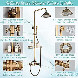 Gmusre Antique Brass Shower Faucet Fixture Wall Mount Brass Rainfall Shower Set 8 Inch Shower Head Dual Cross Handheld Shower Bathroom Shower Faucet System include Shower Shelf