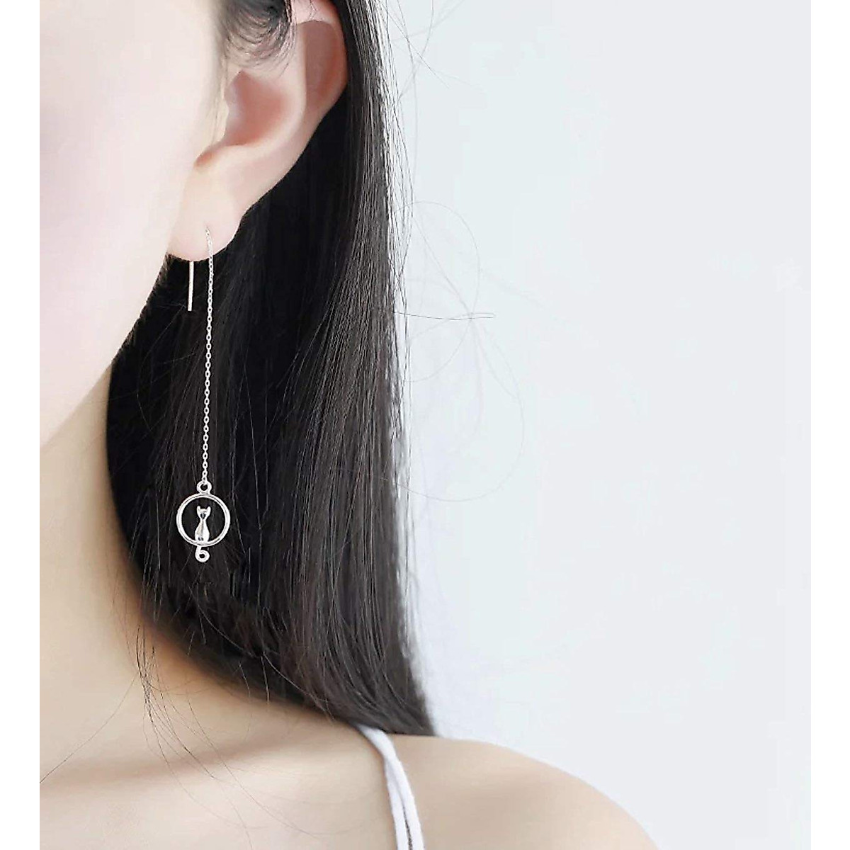 White Gold Plated Long Tassel Chain Sweet Cat on Moon Dangle Drop Threader Earrings for Women