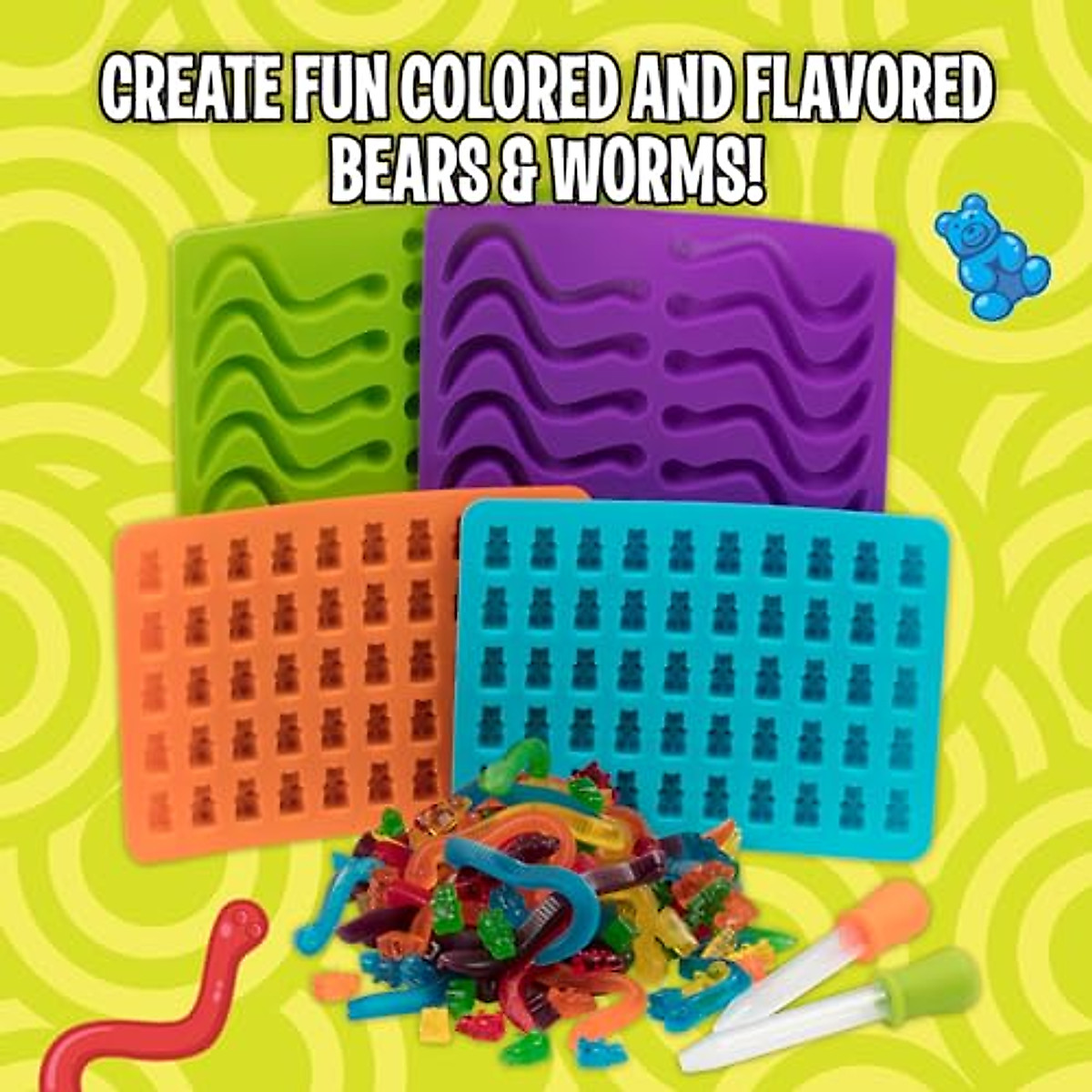 Gummy Bear & Worm Silicone Candy Molds, 4 Pack Set - Nonstick Trays with 2 Droppers for Chocolate, Ice Cubes, BPA-Free -Makes up to 62 Candies -Summer Camp Birthday Gift