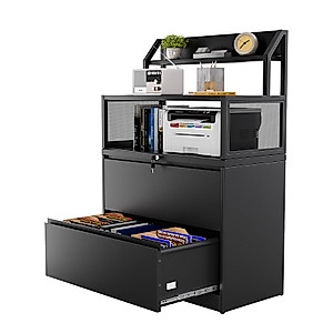 OUYESSIR 2 Drawer File Cabinet with Lock, Filing Cabinets with Storage Shelves for Home Office, Lateral File Cabinet in Steel Metal, Office Storage Drawers for Legal, Letter, A4 File (Black)