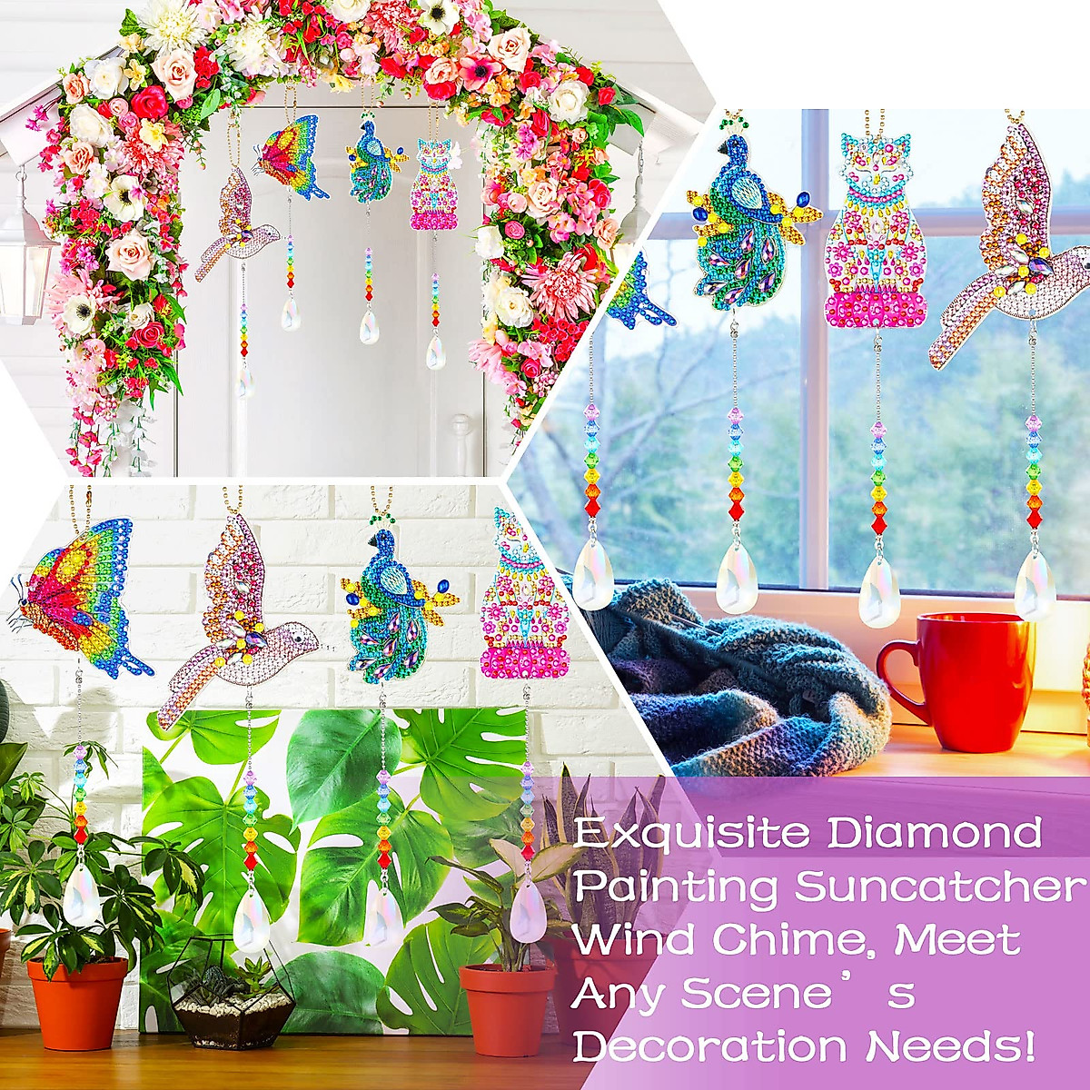 Queekay 4 Pieces Diamond Art Sun Catcher DIY Wind Chime Kit Hanging Double Sided Hummingbird Butterfly Cat Peacock Shape Crystal Number Ornament for Adults Kids Home Garden Decoration