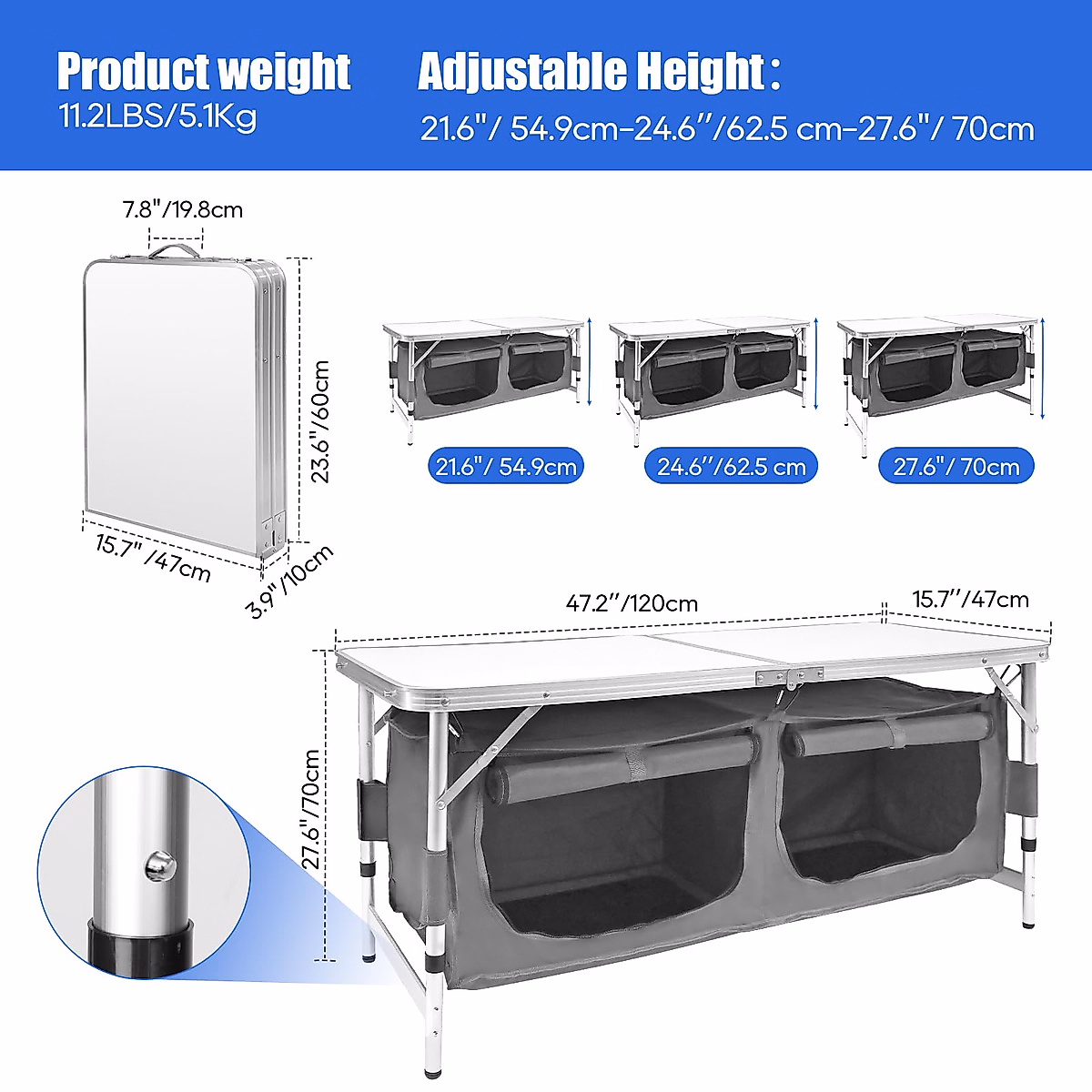 Moosinily Folding Camping Table 4 Ft Foldable Picnic Table 3 Height Adjustable Portable Camp Kitchen with Oxford Storage Outdoor White 47.2×18.5 inch