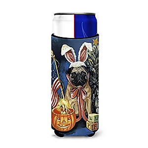 Caroline's Treasures PPP3125MUK Pug for All Seasons Ultra Hugger for Slim cans Can Cooler Sleeve Hugger Machine Washable Drink Sleeve Hugger Collapsible Insulator Beverage Insulated Holder