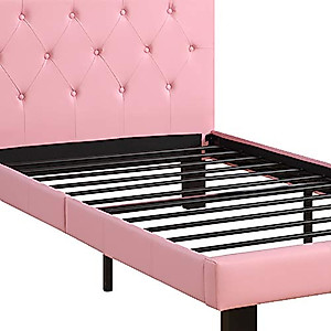 Benjara Faux Leather Upholstered Twin Bed With Tufted Headboard, Pink