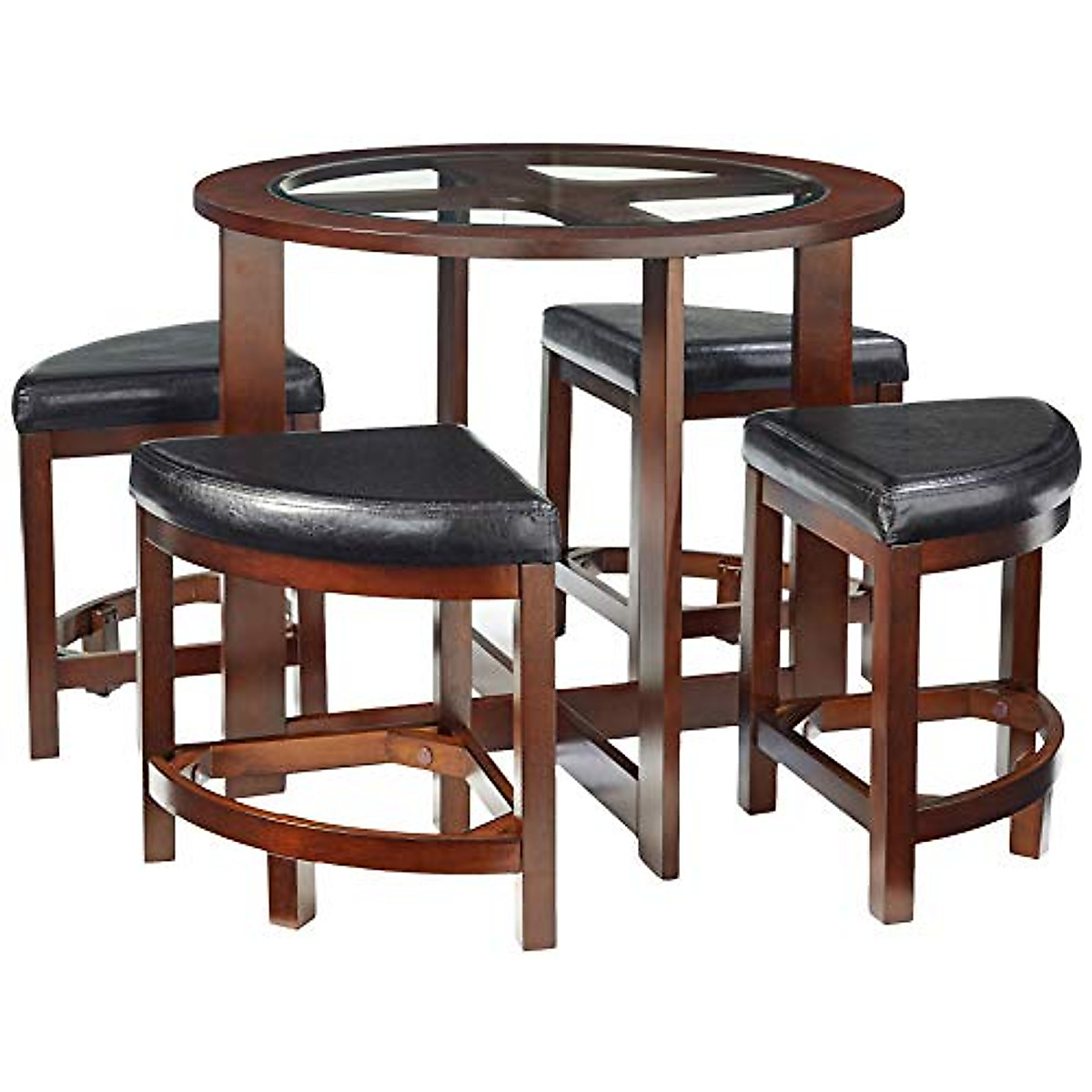 Roundhill Furniture Cylina Solid Wood Glass Top Round Dining Table with 4 Chairs