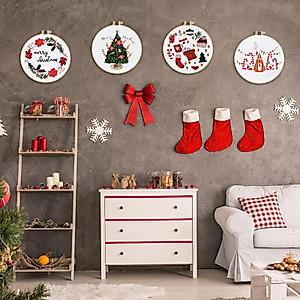 Sivilife Christmas Embroidery Starter Kit for Beginners, 4 Sets Stamped Cross Stitch Kits for Adult, Cute Sock Gift Pattern Hand DIY Kit with 2 Embroidery Hoops Instructions Color Threads and Needles