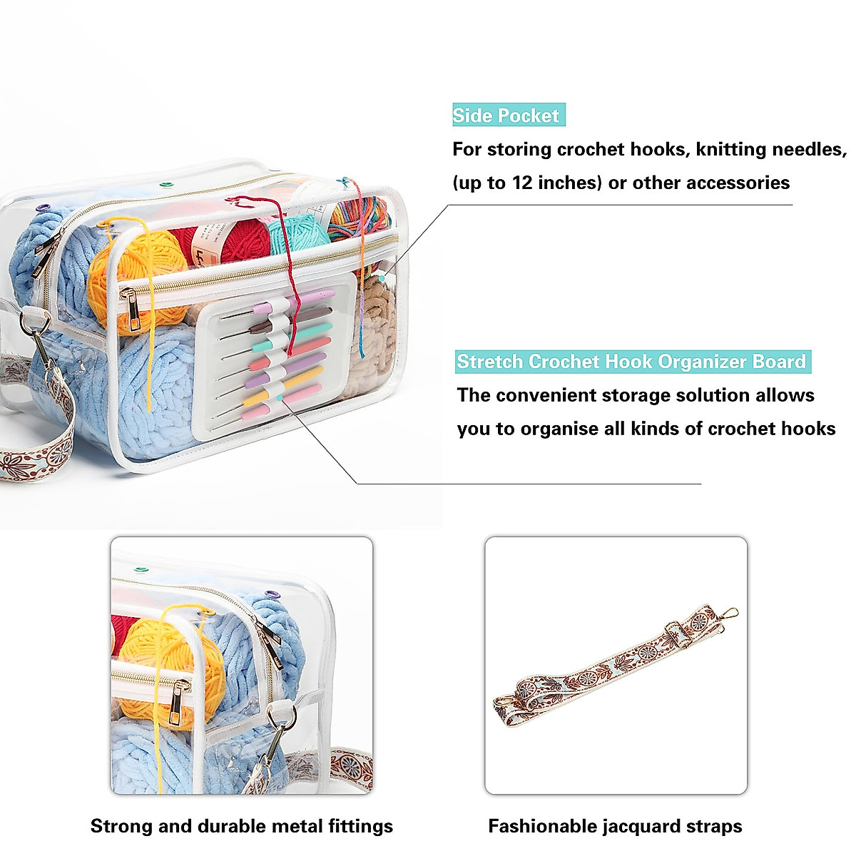 SIHEJA Crochet Bag-Transparent Yarn Storage-Yarn Bag for Crocheting-Knitting Bag-for Crochet Accessories Organizer, Crocheting & Knitting Gifts -White& Flower Jacquard Shoulder Straps