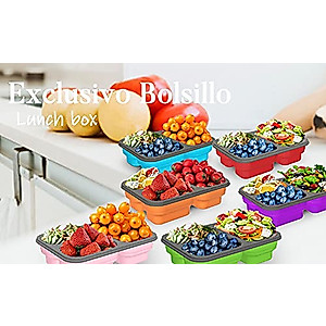 Exclusivo Bolsillo Foldable Bento Lunch Box (6pcs) for Women Men With Spork & Lid BPA Free,Collapsible and Leakproof Space Saving Food Storage Containers with 3 Compartments(6 Color Pack)