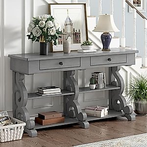 Brabrety Rustic Console Table Sideboard with Ample Storage, Open Shelves and Drawers,for Entrance Dinning Room Living Room (Antique Gray@Storage)