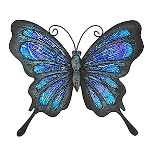 HONGLAND Metal Butterfly Wall Decor Glass Outdoor Wall Art Sculpture Hanging Garden Decorations Blue for Home Garden