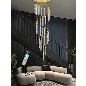 Flashing God Gold 28 Lights Large Foyer Chandeliers for High Ceilings 12 feet Long Spiral Stair Pendant Chandelier Crystal Ceiling Light Fixtures Dimmable 2700k-4500k-6000k