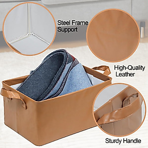 Sturdy PU Leather Storage Basket with Metal Frame, Set of 3 Folding Organizer Bins Shelf Baskets Organizing Containers Closet Storage Bin for Clothes,Baby Clothing,Toy,Book, 14.9 × 10.2 × 7.5" (Brown)