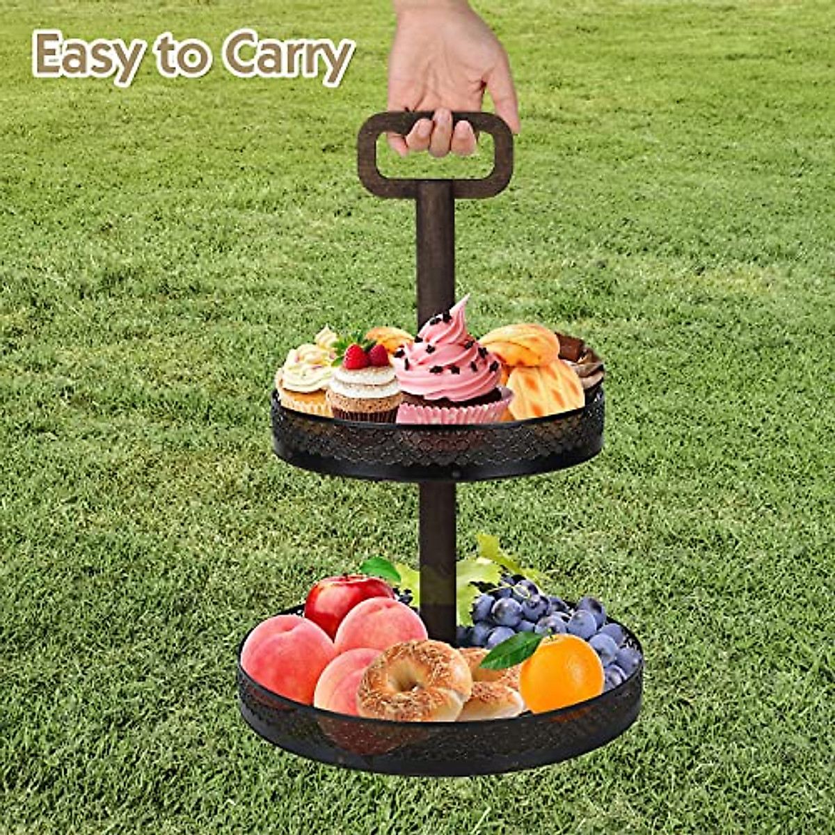 WeGXY Two Tiered Tray, Black Walnut Tiered Tray Stand,Farmhouse 2 Tier Tray,Wooden Rustic and Metal Lace Tiered Tray for Home Kitchen