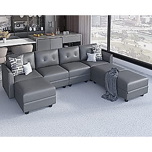 LLappuil Modular Sectional Sofa with Reversible Chaise, Faux Leather Fabric 7 Seater Modular Sofa with Storage, Convertible U Shape Sectional Couch with Ottomans, Dark Grey