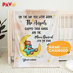 Pavo Personalized Baby Blanket with Name - Baby Teddy Bear with Moon Blanket - Includes Bib & Onesie Option - Personalized Baby Gifts for Christmas, Thanksgiving, Shower