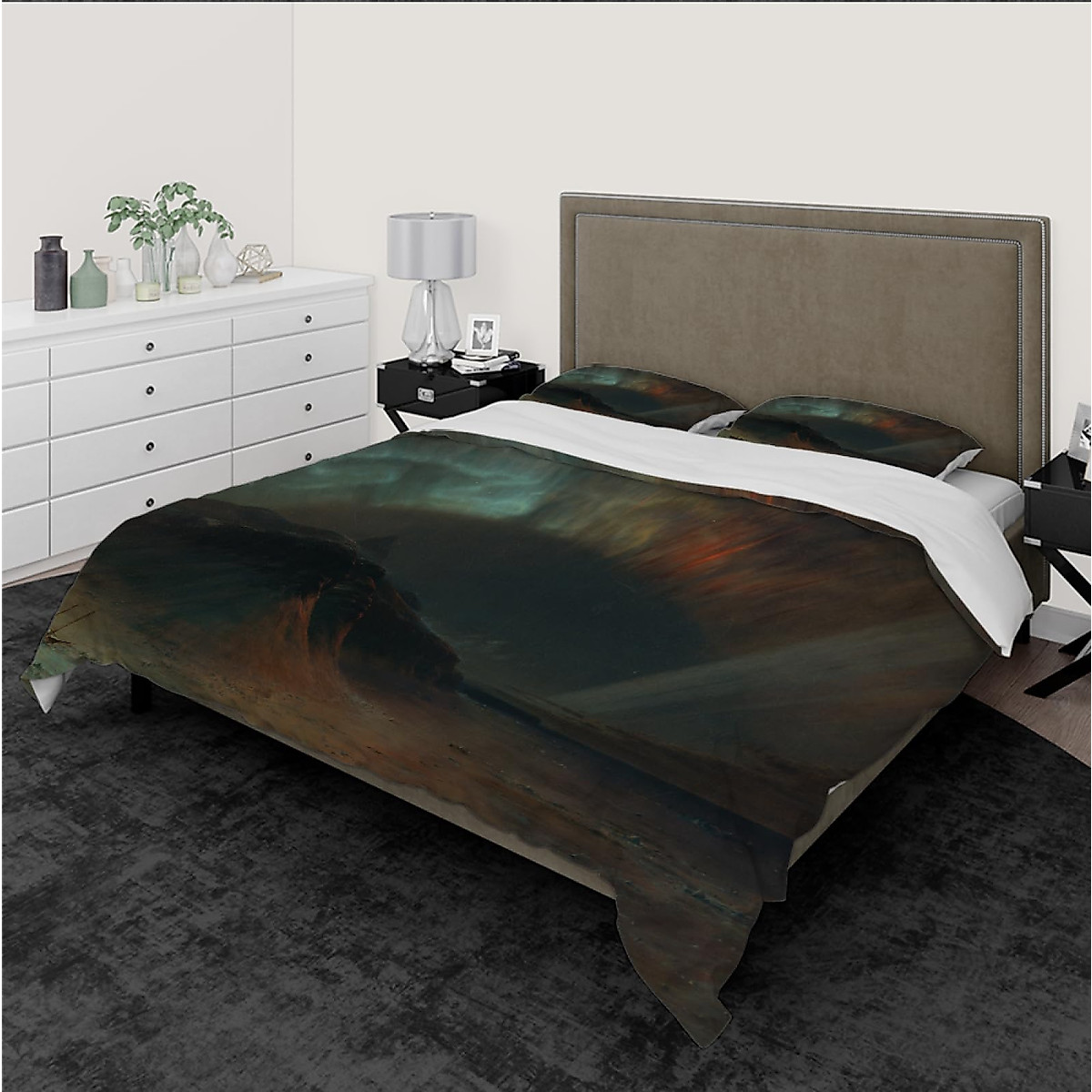 RIVINE Frederic Edwin Church Style Duvet Cover 3 Pieces Aurora Borealis Tablosu Soft Breathable Bedroom Bedding Set with 2 Pillow Shams Full