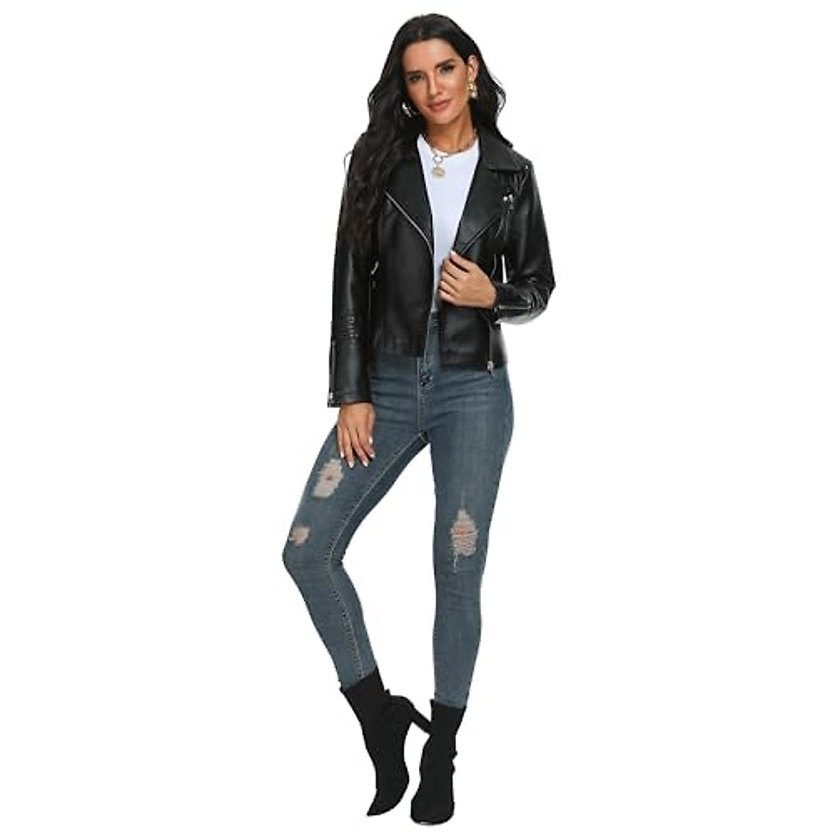 Fahsyee Women's Leather Jackets, Faux Motorcycle Plus Size Moto Biker Coat Short Lightweight Vegan Pleather Fashion, Black, M