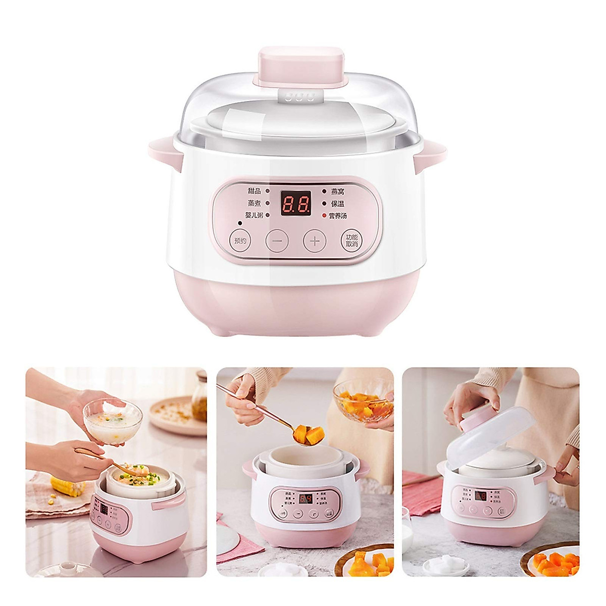 Intelligent Electric Slow Cooker Ceramics Water Stew Pot 200W Smart Reservation+Timing Electric Cooker Stew 1L Household (Color : Pink)