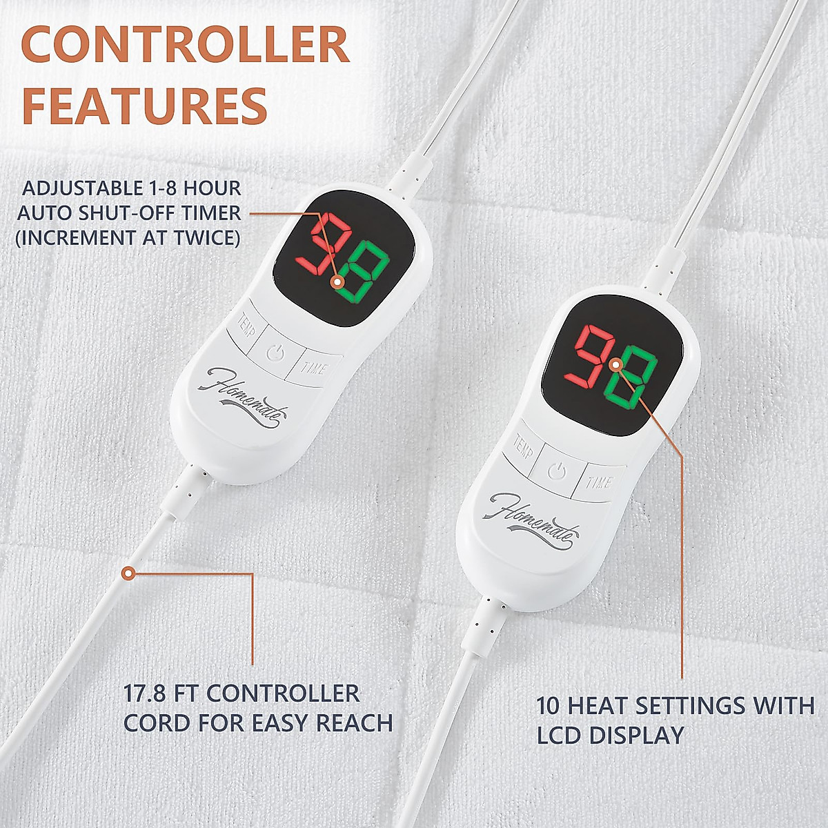 Homemate Heated Mattress Pad Queen Size for Cold Sleepers, 5 Heated Setting Coral Fleece Electric Mattress Pad Queen, Bed Warmer with Dual Controller & Auto Off 10 Hours, Fit Up to 21 Inch, 80"x60"