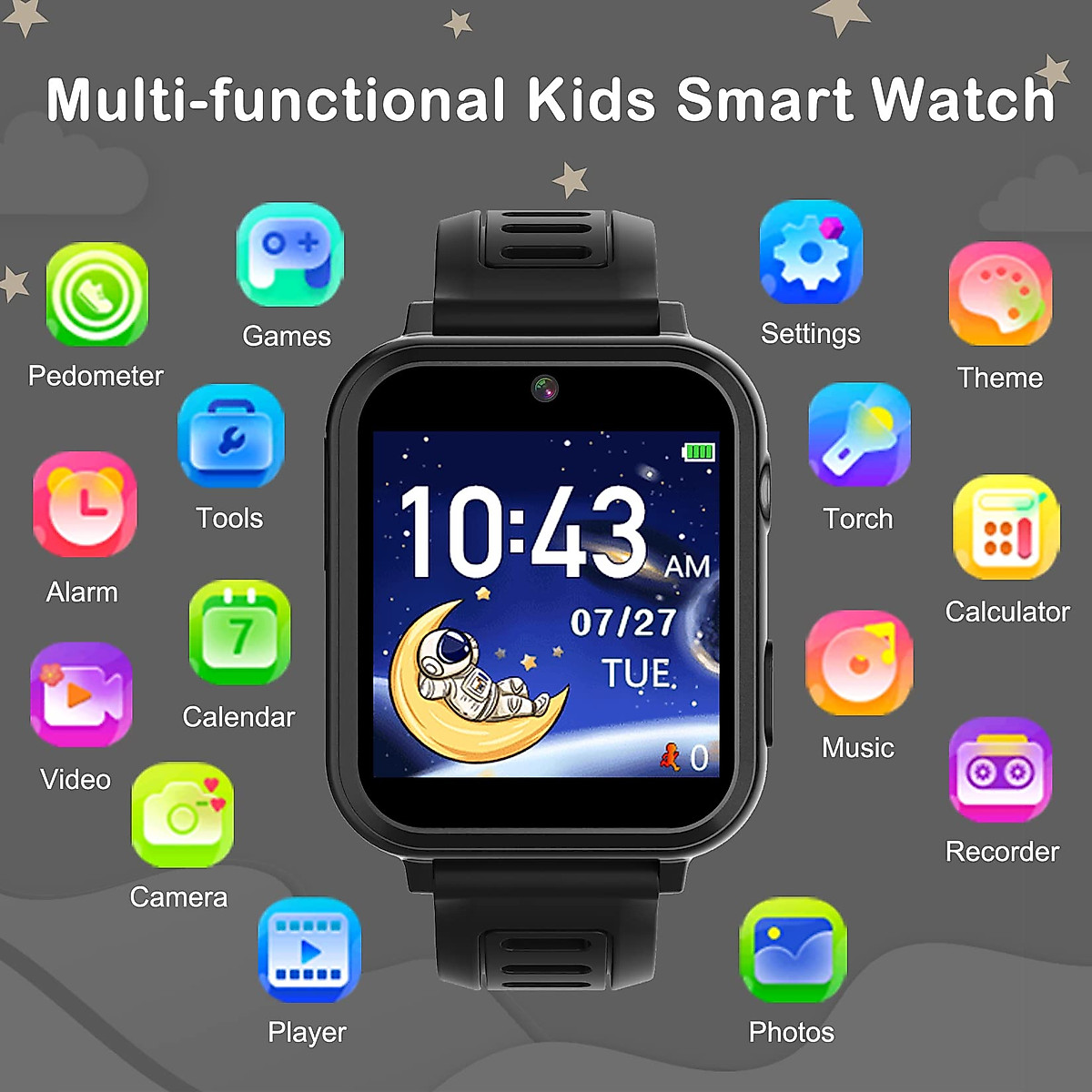 Phyulls Smart Watch for Kids, Smart Watch Toys with 24 Games Camera Video Recorder Music Alarm Calculator Calendar Flashlight Stopwatch Pedometer Gift Toys for 3-12 Years Old Boys and Girls (Black)