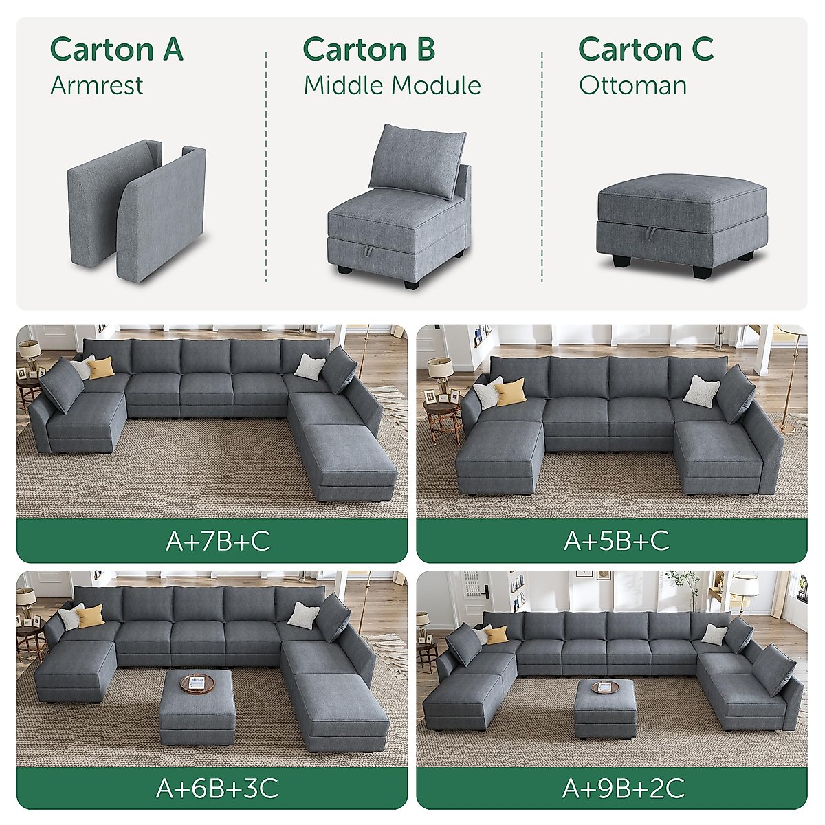 HONBAY Modular Sectional Couch U Shaped Sectional Sofa with Reversible Chaise Modular Sofa Couch with Storage Seat, Bluish Grey