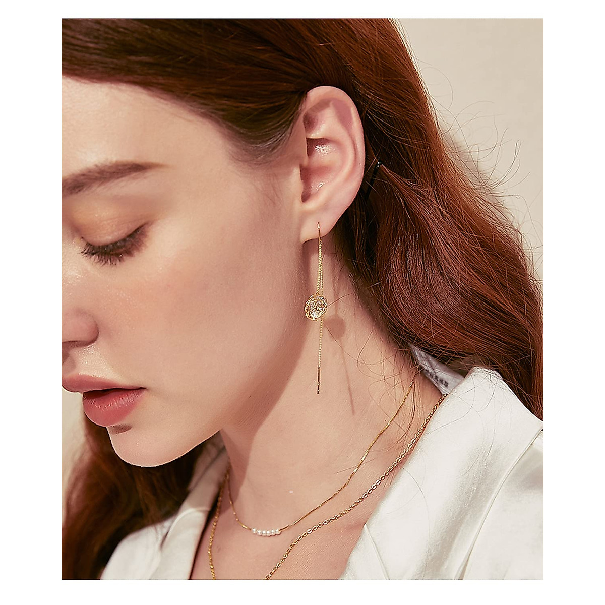 14K Gold Rose Flower Dangle Earring For Women Tassel Threading Long Chain Earrings For Women Drop Earrings For Bridesmaid