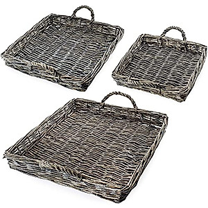 AuldHome Rustic Willow Basket Trays, Set of 3 (Square, Gray Washed); Natural Wicker Decorative Farmhouse Trays