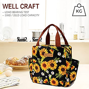 Lunch Bags for Women Insulated Lunch Bag Reusable Lunch Cooler Bag with Large Side Pockets Lunch Box Durable Lunch Container Reusable Lunch Tote Bag for Camping, Hiking, Picnic (D-Sunflowers)