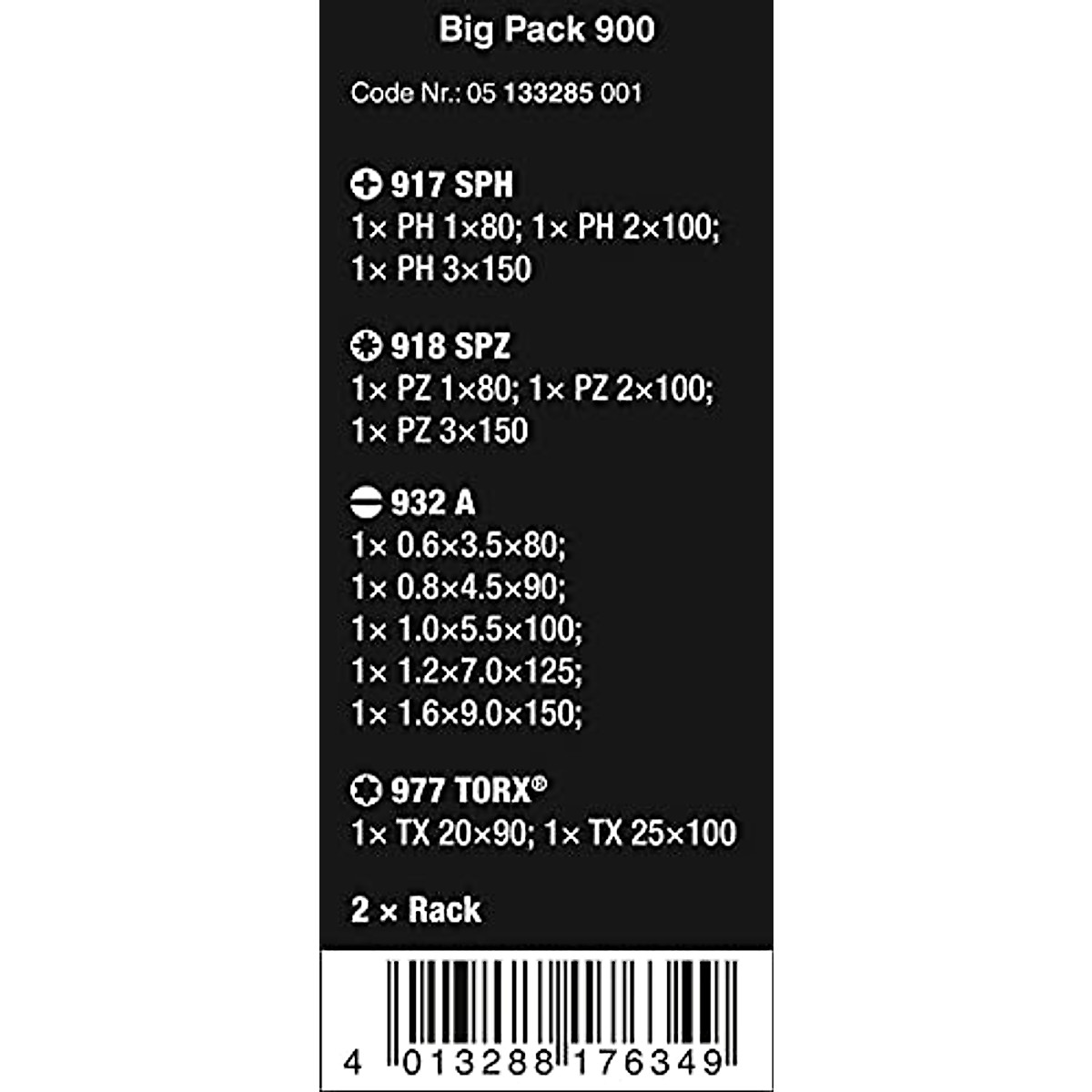 Wera 05133285001 Big Pack 900 Screwdriver Set Kraftform, Chiseldriver and Rack, 15 Pieces, Silver