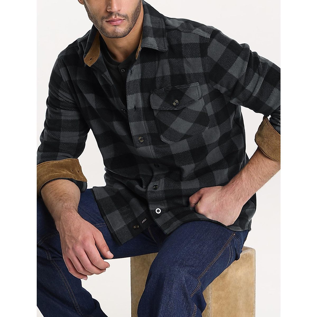 CQR Men's Long Sleeve Heavyweight Fleece Shirts, Plaid Button Up Shirt, Warm Outdoor Casual Shirt with Pockets, One Pocket Charcoal, Medium