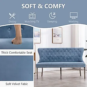 LOULENS 65'' Upholstered Velvet Settee Bench 3 Seater, Modern Tufted Banquette Bench with Back, Accent Loveseat Sofa with Stainless Steel Leg for Dining, Living Room (Blue)