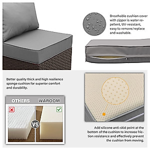 WAROOM Outdoor Patio Furniture Set 7 Pieces Sectional Sofa Brown Rattan Conversation Couch with PE Wicker Propane Fire Pit Table, Non-Slip 5" Thick Grey Cushion and Furniture Cover