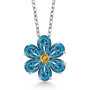 Gem Stone King 925 Sterling Silver and 10K Yellow Gold London Blue Topaz and Yellow Citrine Pear Shape Flower Pendant Necklace For Women (2.47 Cttw, Gemstone Birthstone, with 18 Inch Chain)