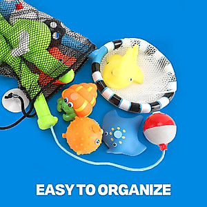 Magnetic Toddler Bath Toys - Kids Fishing Pool Game Set of 2 Fishing Poles, 8 Rubber Sea Animals, & Net - Water Toys with Mesh Organizer Bag