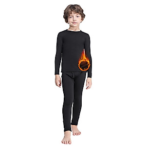 MANCYFIT Thermal Underwear for Boys Fleece Lined Long Johns Set Kids Base Layer Ultra Soft Black Small