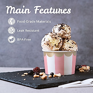 Paper Ice Cream Cups - 50-Count 9-Oz Disposable Dessert Bowls for Hot or Cold Food, 9-Ounce Party Supplies Treat Cups for Sundae, Frozen Yogurt, Soup, 5 Colors Pastel Stripes with Scalloped Gold Foil