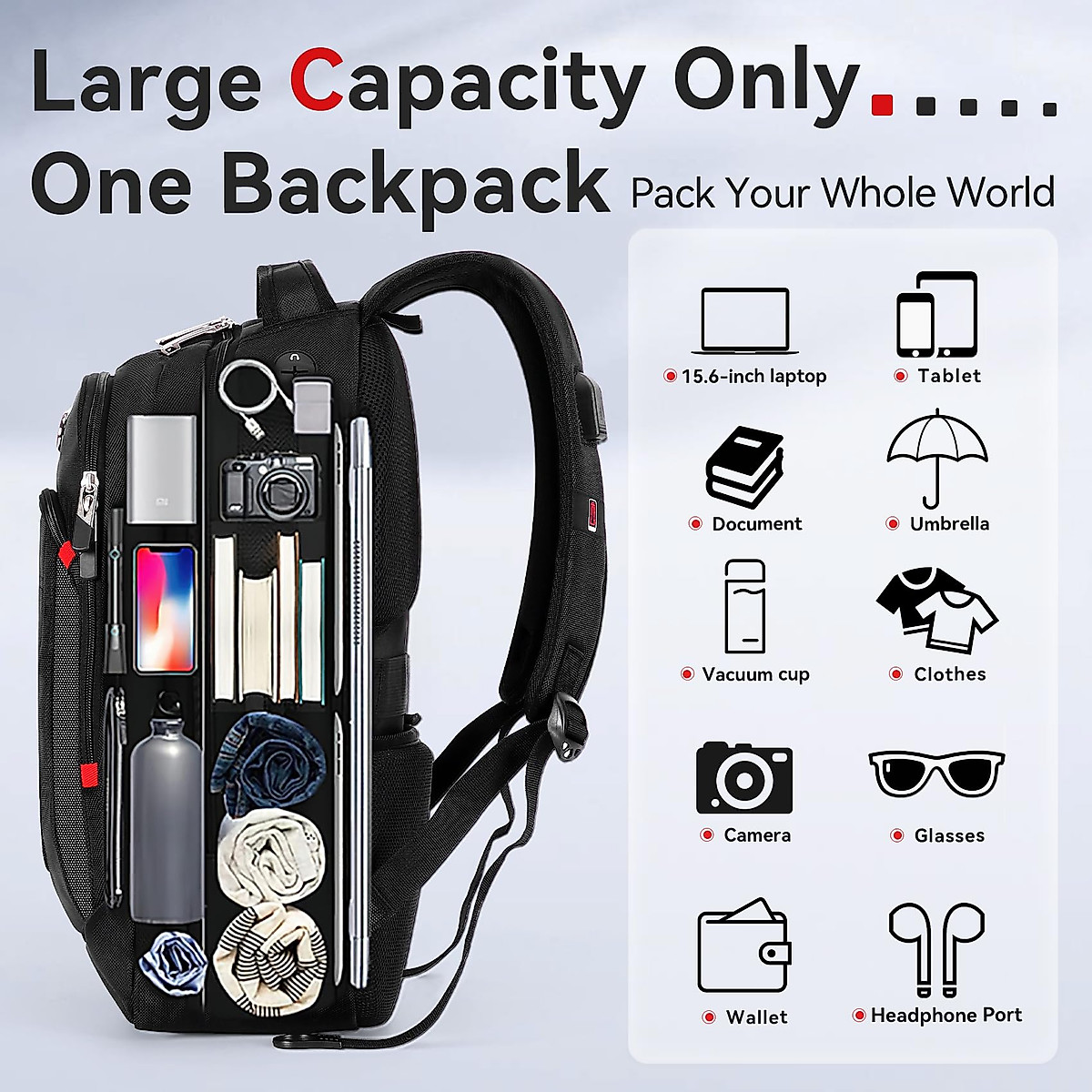 Omnpak 15.6 Inch Laptop Backpack for Men, Anti-Theft Travel Computer Bag with USB Charging Port, Water Resistant Multi-functional Business Backpack with Laptop Compartment, Black