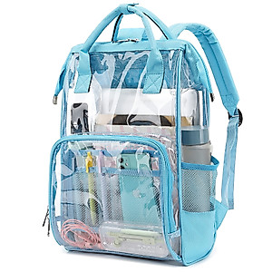 Yusudan Heavy Duty Clear Backpack for Men Women, School Bag Bookbag PVC Plastic Transparent Backpacks for Boys Girls (Light Blue)