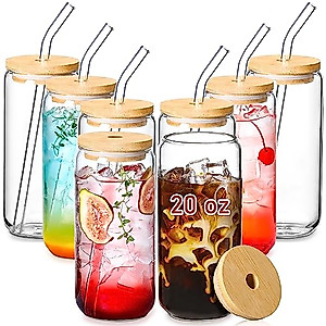 VITEVER [ 8 Pack ] 20 OZ Glass Cups with Bamboo Lids and Glass Straw - Beer Can Shaped Drinking Hurricane Glasses, Iced Coffee Glasses, Cute Tumbler Cup, Aesthetic Coffee Bar Accessories, Gifts