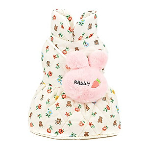 SMALLLEE_LUCKY_STORE Pet Clothes Girls Puppy Cotton Padded Floral Winter Dress Fleece Lind for Small Medium Dog Cat with Cute Rabbit Bag Yorkie Chihuahua Warm Apparel,White,M